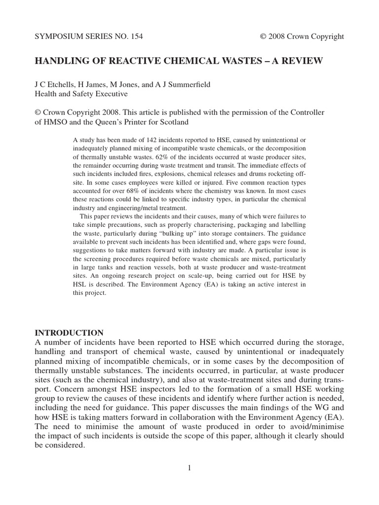 Handling of Reactive Chemical Wastes - A Review | PDF