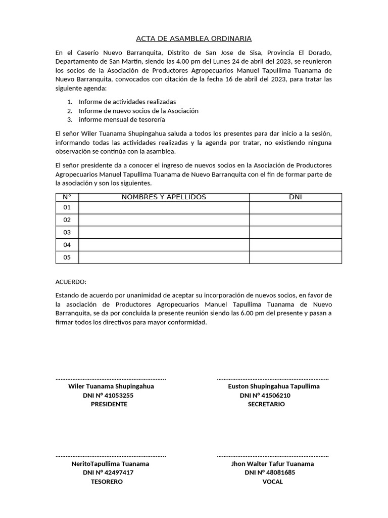 ACTA DE ASAMBLEA ORDINARIA Nuevo Barranquita | PDF