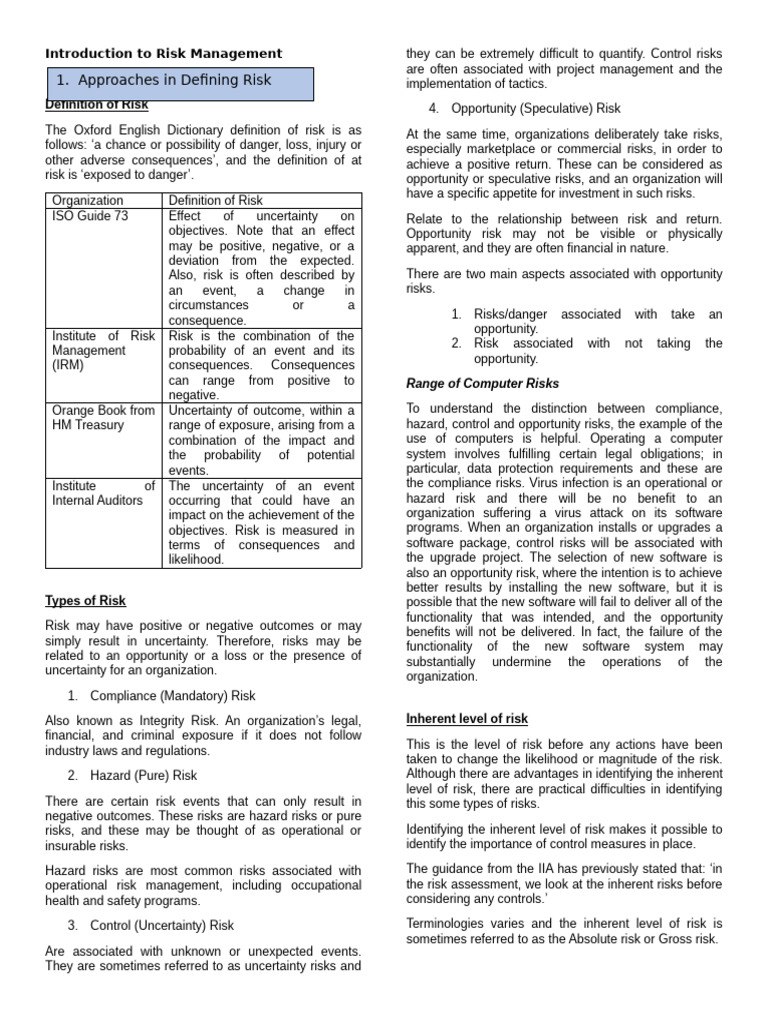 Topic 1 - Risk Management | PDF