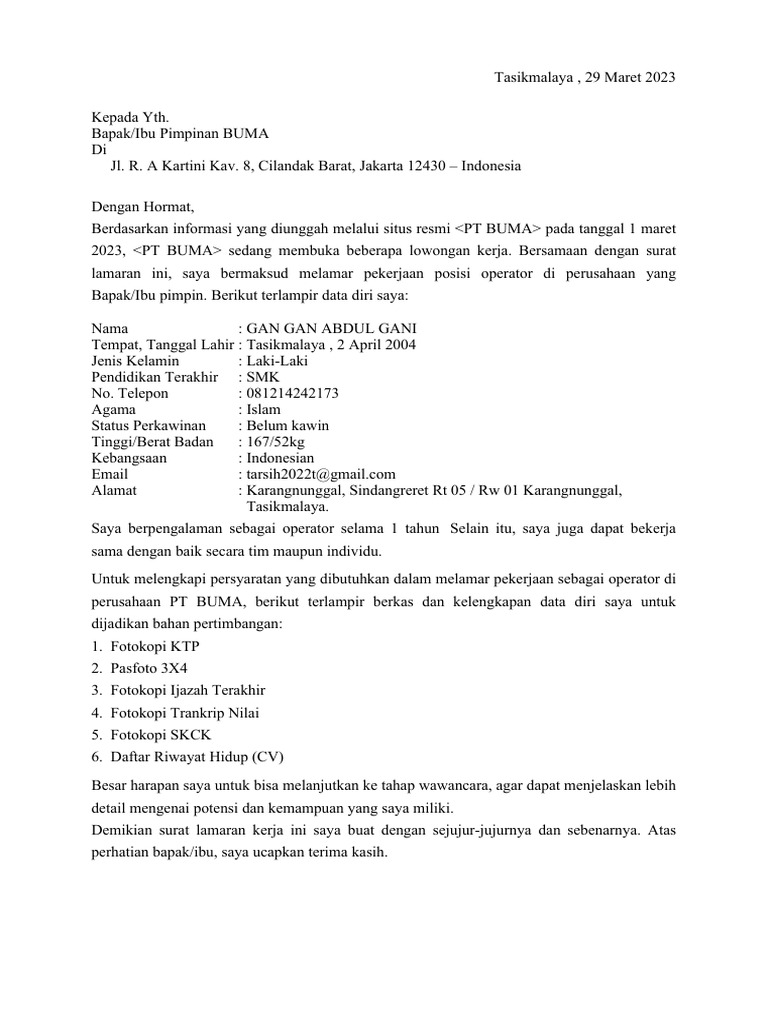 Lamaran Kerja PT BUMA | PDF