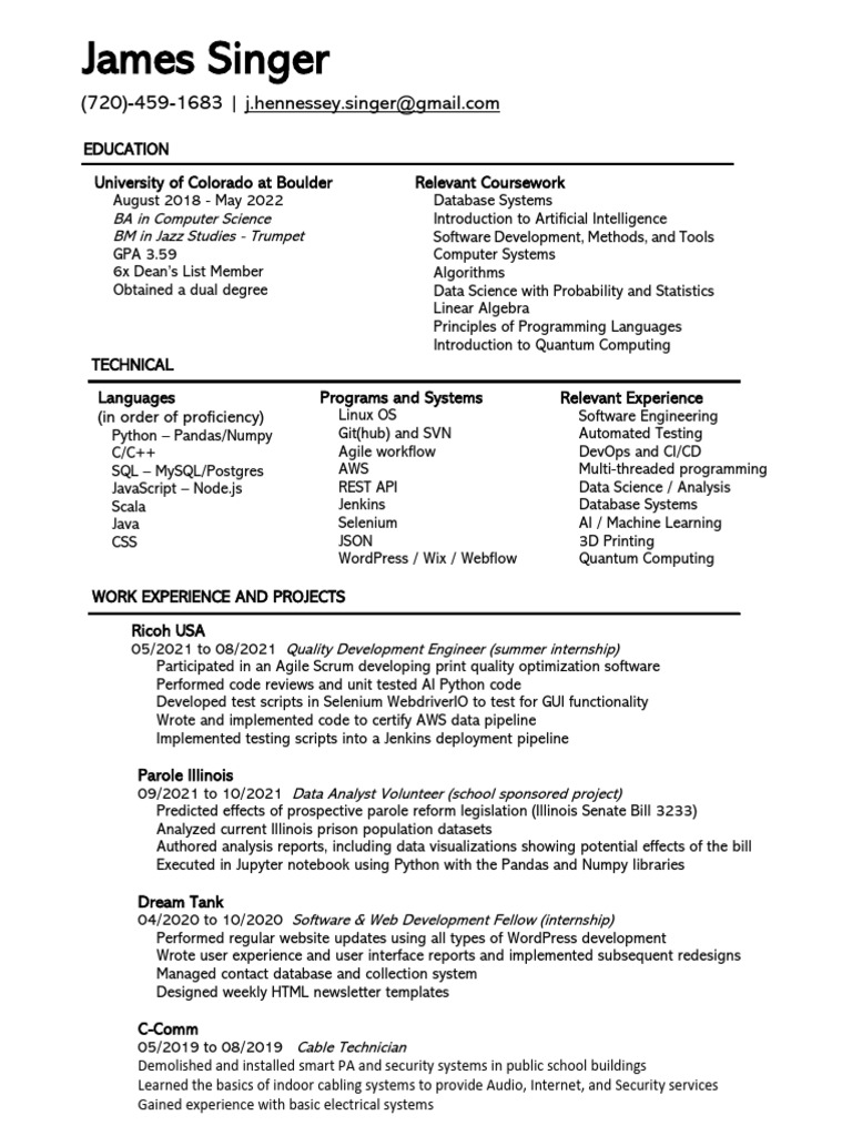 James Singer Resume 2024 Ford | PDF