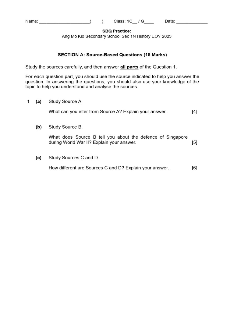 1 Amkss Sec 1n History Eoy 2023 (Jo SBQ) | PDF