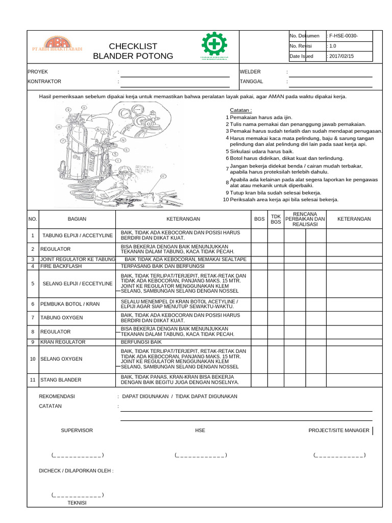 Form Checklist Inspeksi Blander Potong | PDF