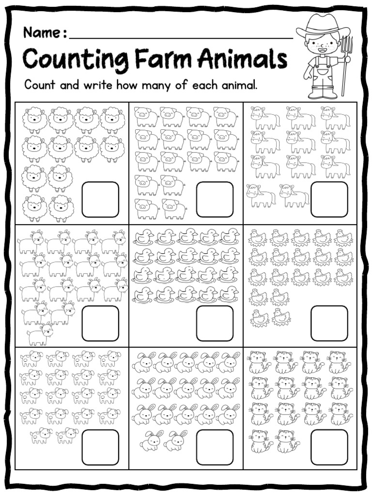 Counting Farm Animals: Count and Write How Many of Each Animal | PDF