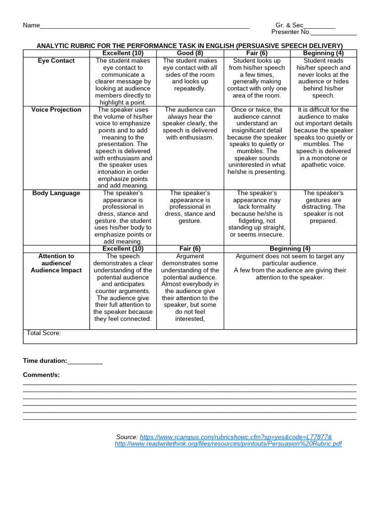 Rubric-for-Speech | PDF