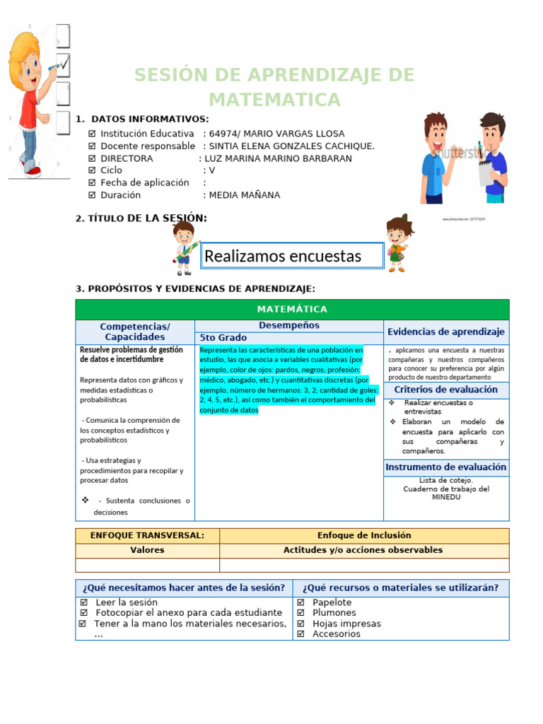 Sesión de Aprendizaje de Matematica Encuesta | PDF | Metodología de encuesta | Evaluación
