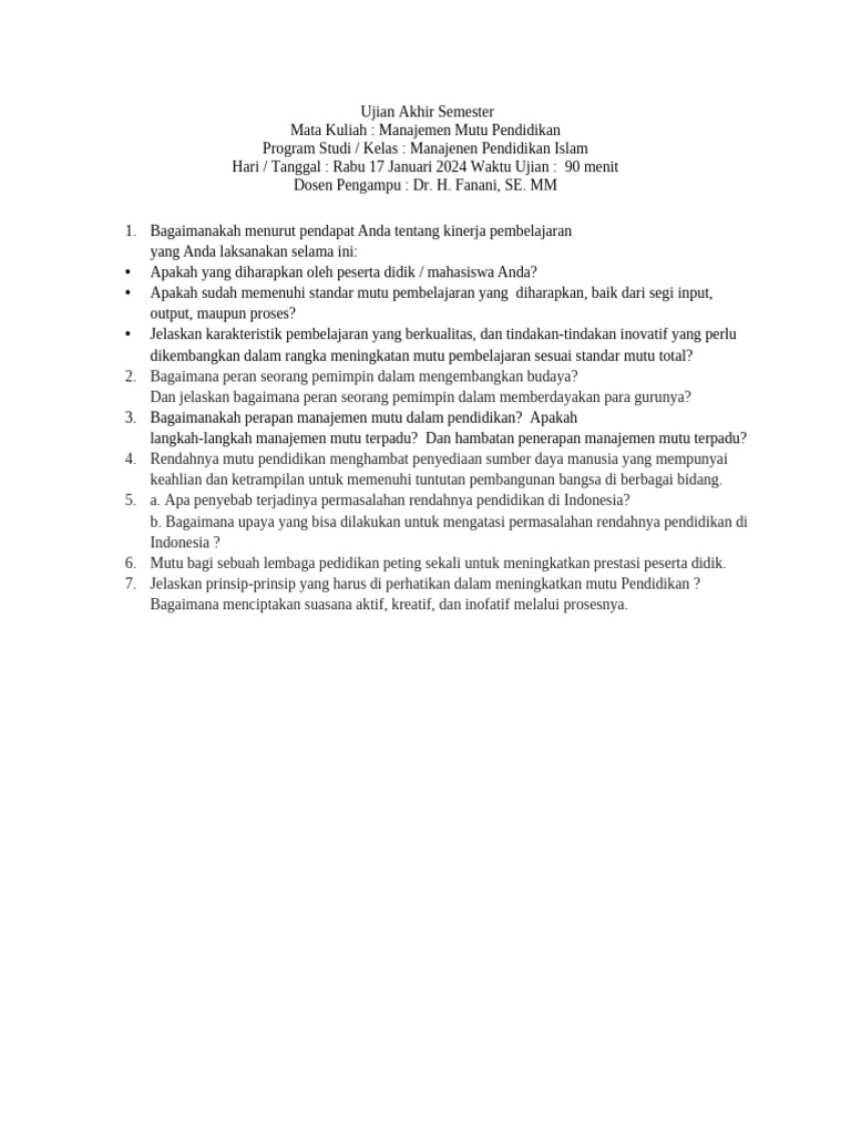 UAS Manajemen Mutu SMT 3 (Asrama) | PDF