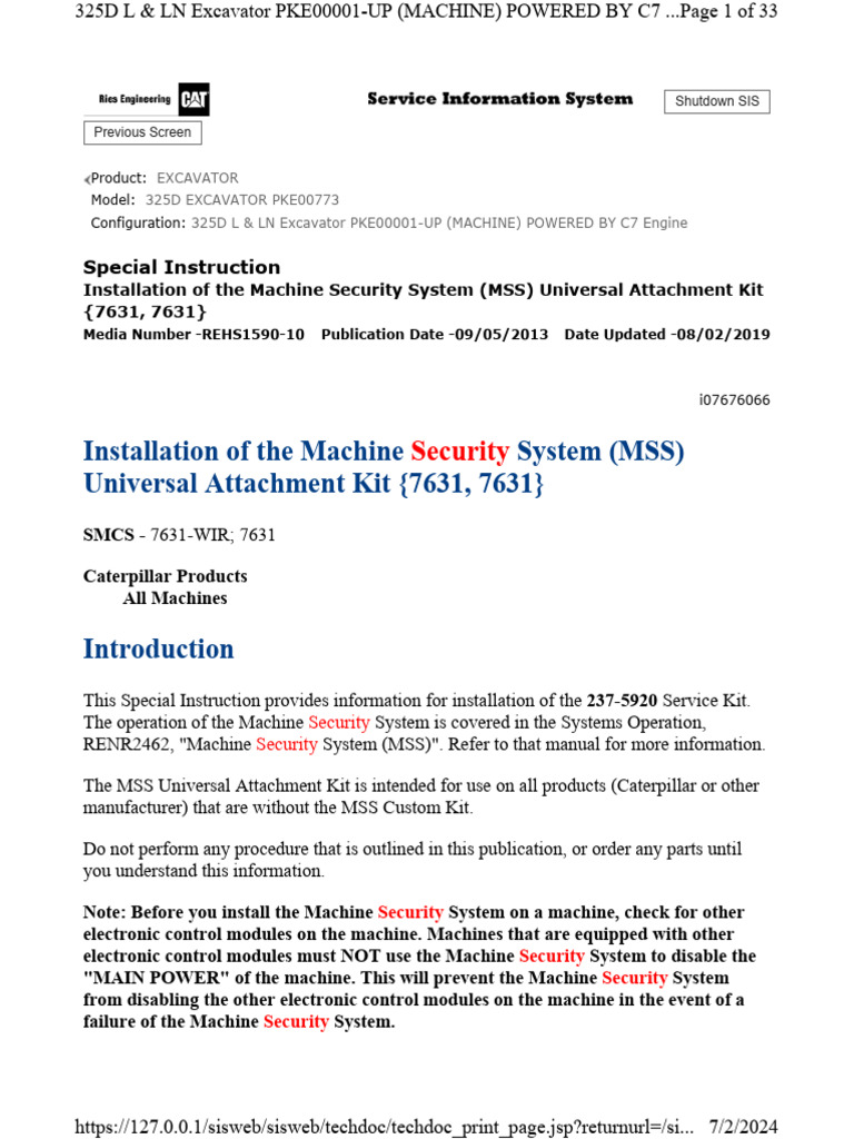 325D HAB Installation of The Machine Security System (MSS) Universal ...