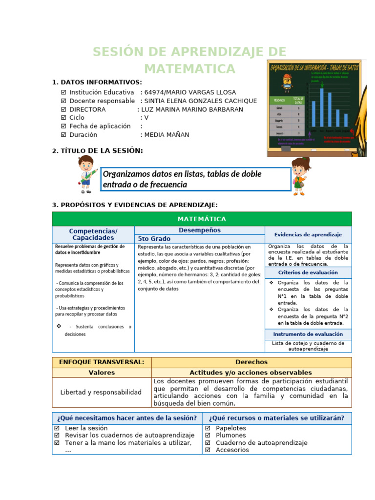 SESIÓN DE APRENDIZAJE DE MATEMATICA doble entrada | PDF