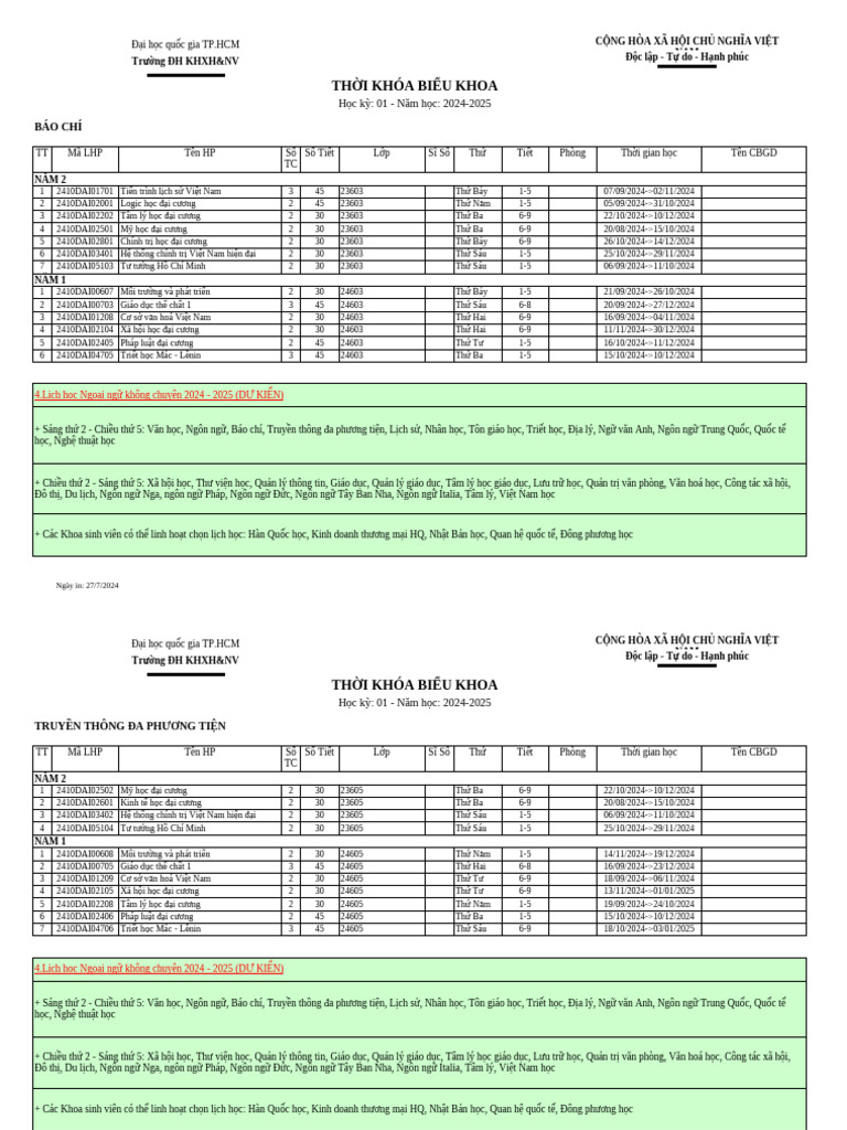TKB Đại Cương HK1 2024 2025 Theo Từng Khoa | PDF