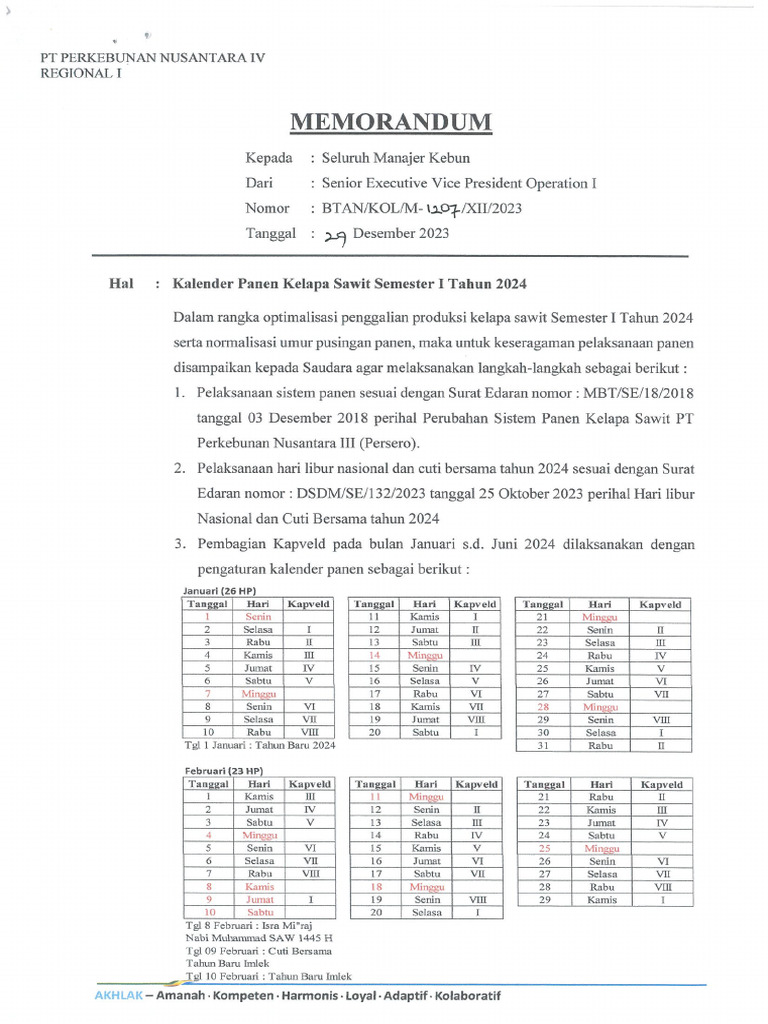 1207 Kalender Panen Kelapa Sawit Semester I Tahun 2024 | PDF