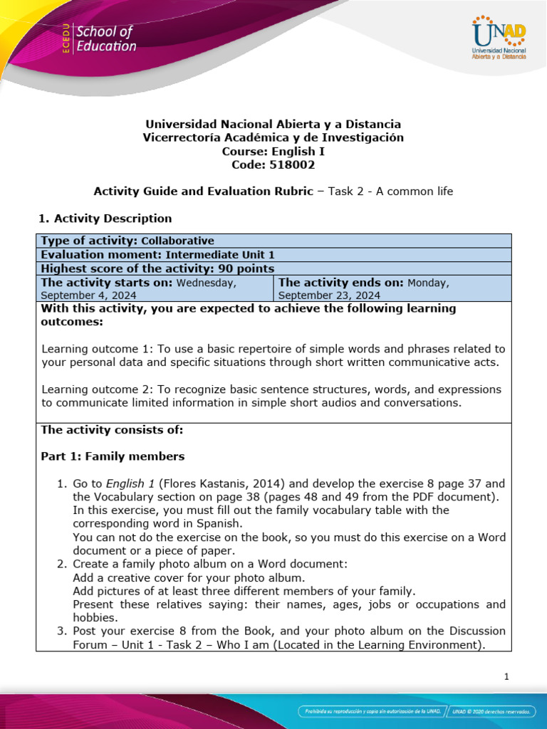 Activity Guide and Evaluation Rubric - Unit 1 - Task 2 - A Common Life | PDF