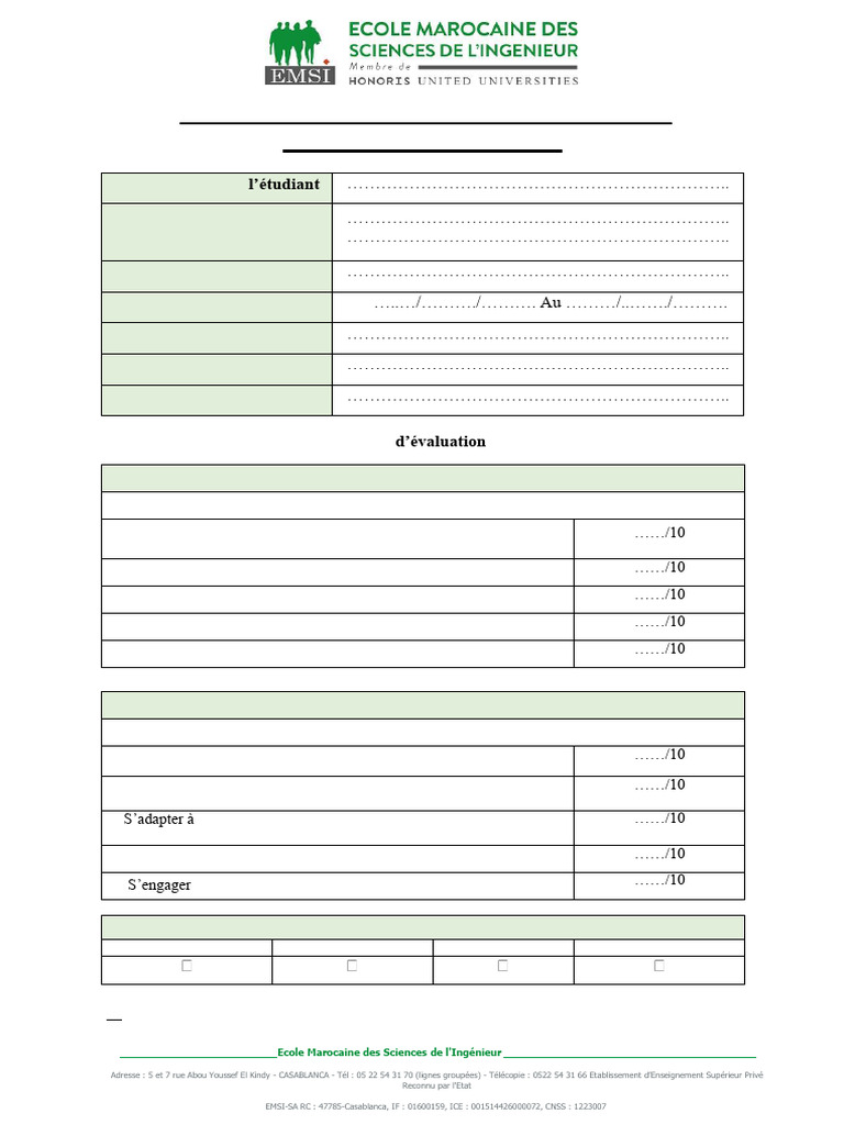Fiche d'appréciation Stage 4IIR | PDF