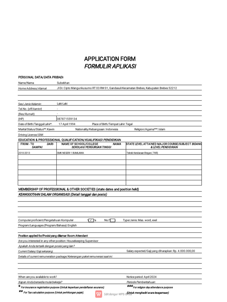 Application Form - English Bilingual | PDF