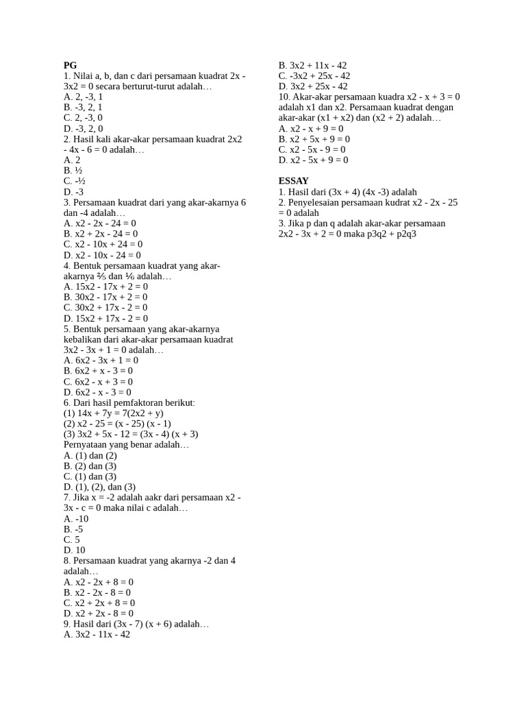Soal Persamaan Kuadrat Kelas 9 | PDF
