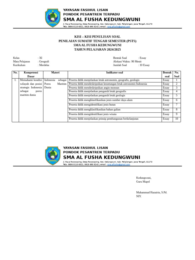 Geo XI KISI-KISI PSTS 2024-2025 | PDF