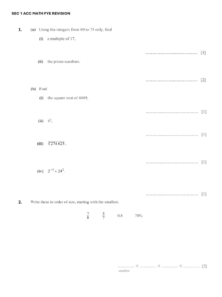 Sec 1 Acc Math Fye Revision | PDF