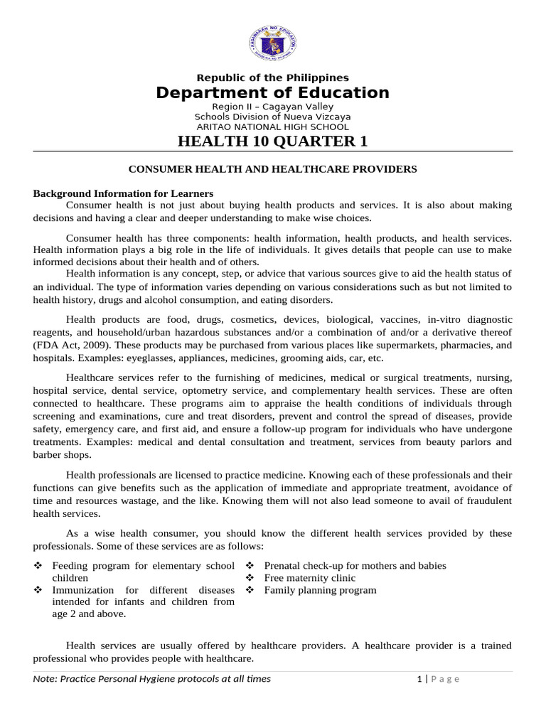 Department of Education: Health 10 Quarter 1 | PDF