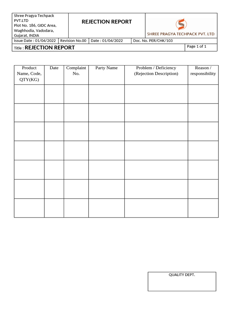 Rejection Report CHK 103 | PDF