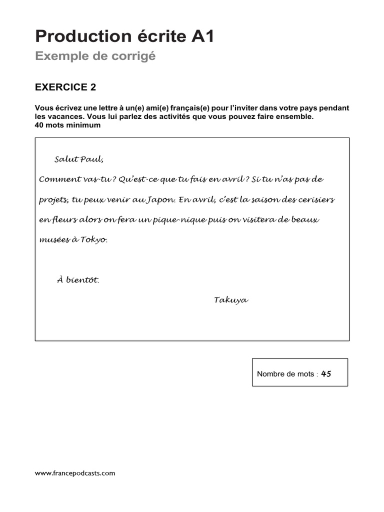 DELF A1 Production Écrite Exemple de Corrigé Lettre | PDF
