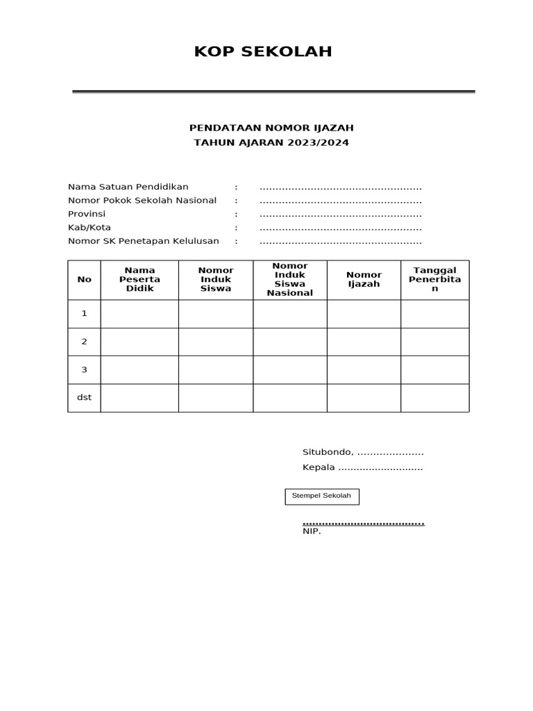 Format Laporan Pendataan Nomor Ijazah | PDF