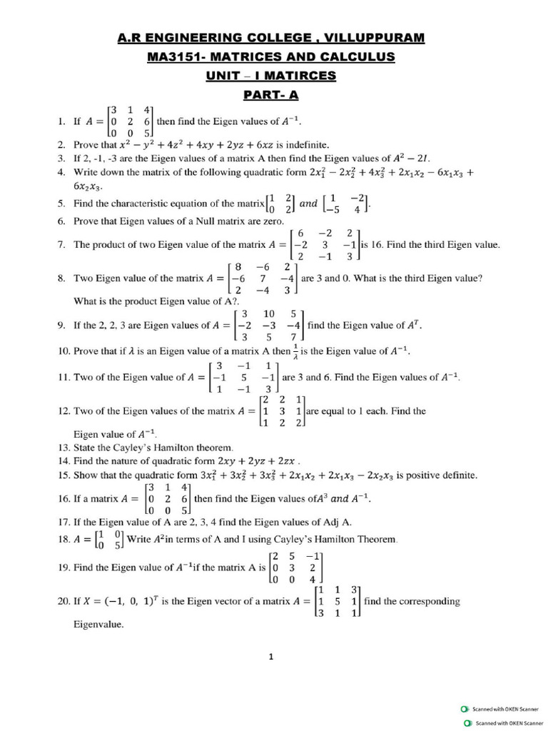 Matrix&calculus Unit 1 Question Bank | PDF
