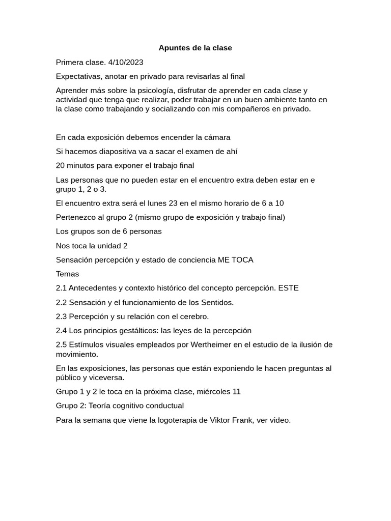 Apuntes de La Clase. Psicología General 1 | PDF