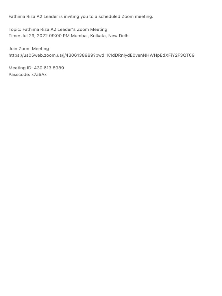 Fathima Riza A2 Leader Is Inviting You To A Scheduled Zoom Meeting | PDF