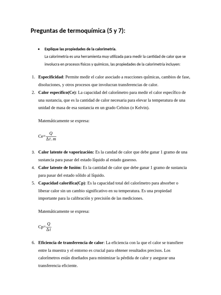 Preguntas de Termoquímica 5 y 7 | PDF | Calor | Calorimetría