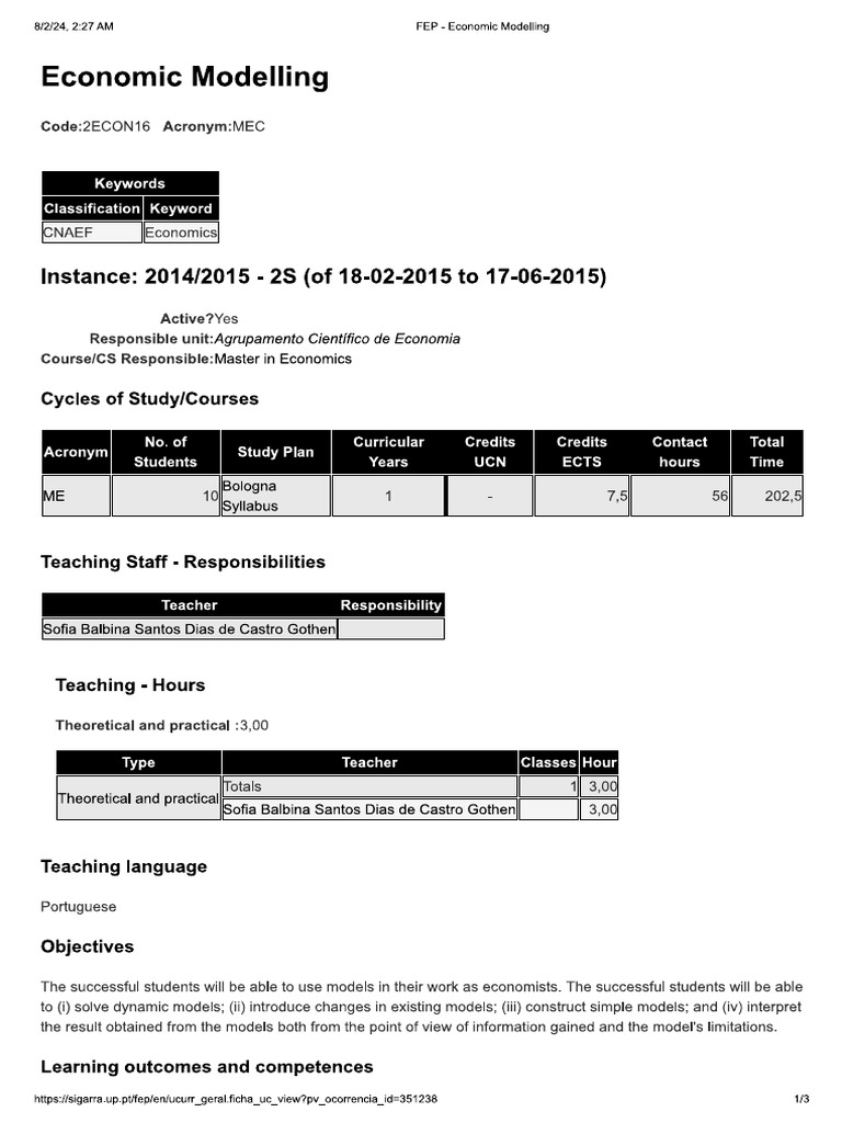Economic Modelling Syllabus Pdf