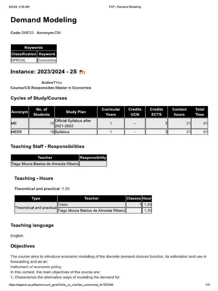 Demand Modeling Syllabus | PDF