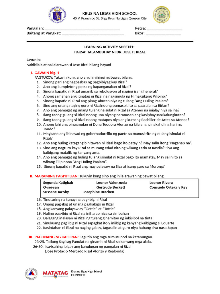El Filibusterismo Worksheet 4 | PDF