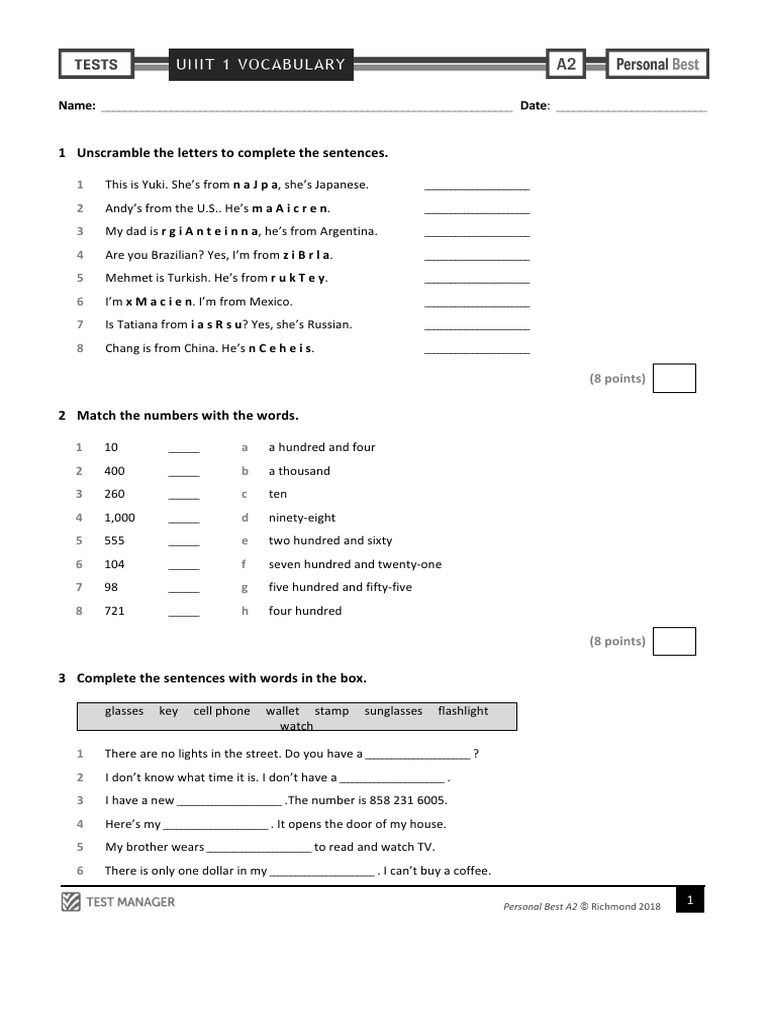 A2 Unit 1 Vocabulary Test | PDF