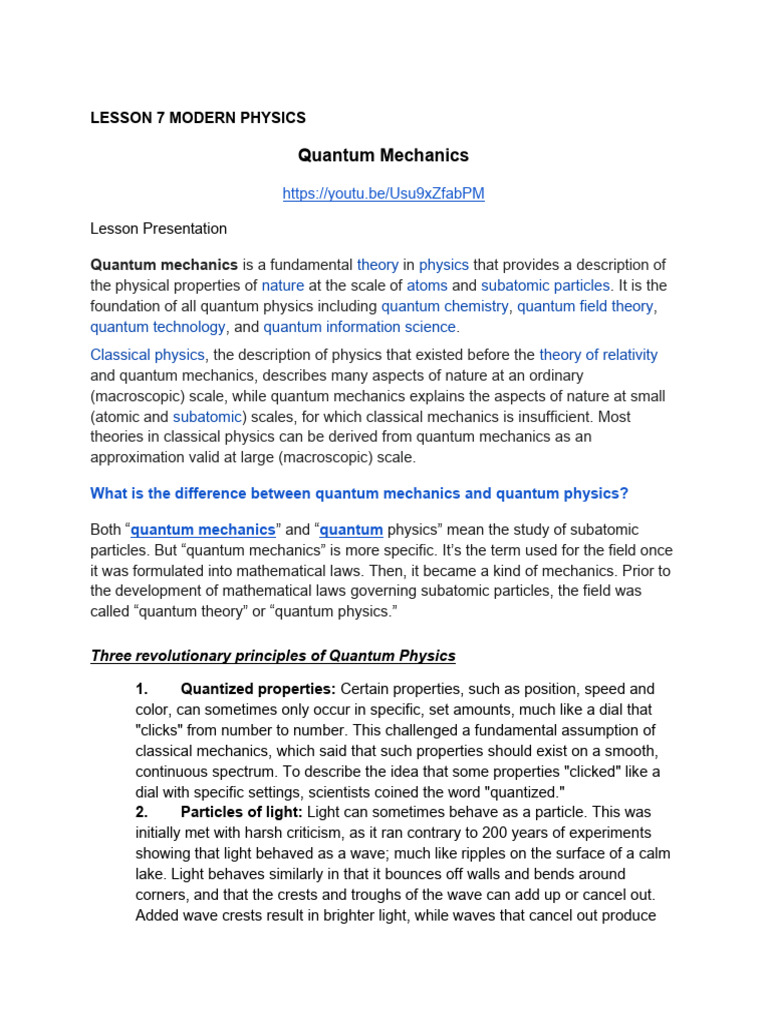 Lesson 7 Quantum Mechanics | PDF