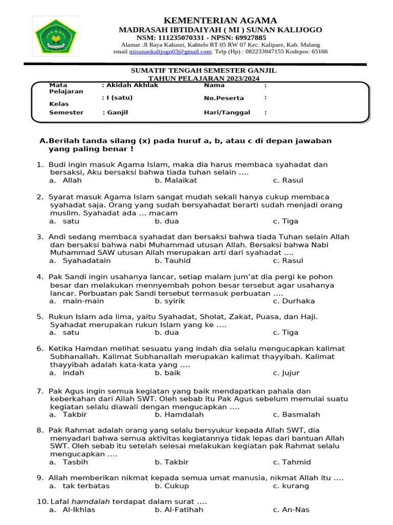 Soal PTS Akidah Akhlak Kelas 1 | PDF
