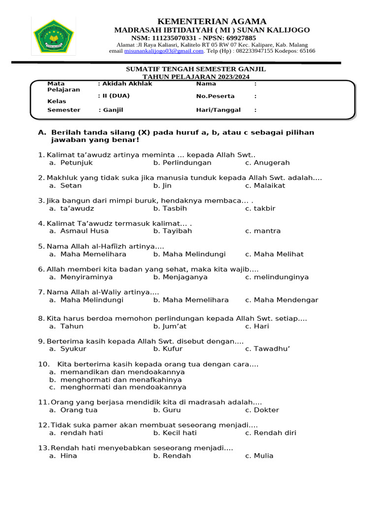 Soal PTS Akidah Akhlak Kelas 2 | PDF