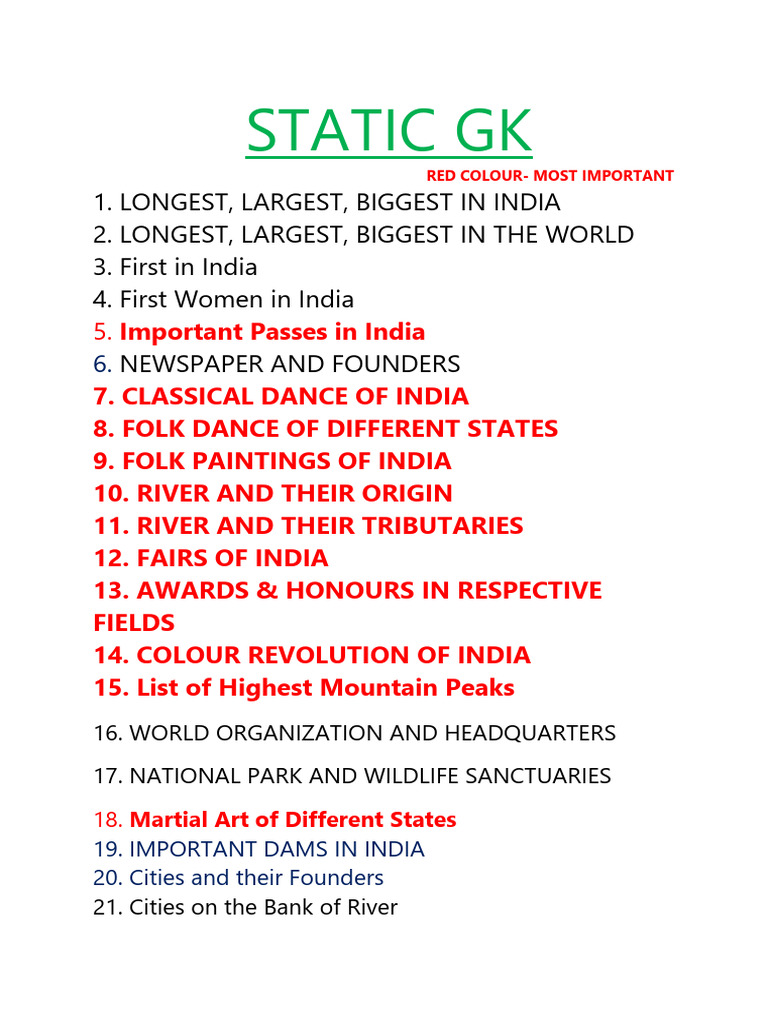 Static GK Topics | PDF
