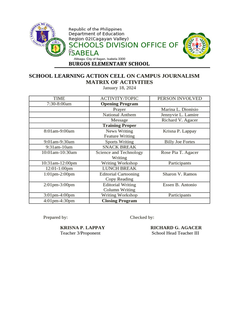 Campus Journalism Training Schedule | PDF