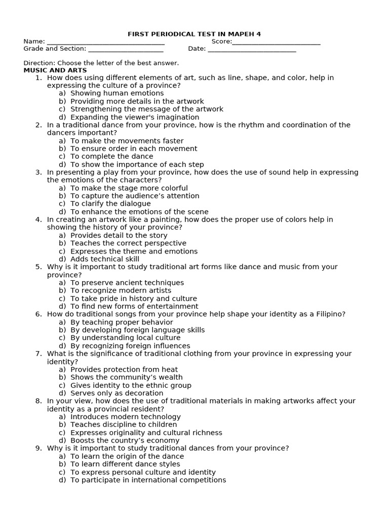 Grade 4 Matatag First Periodical Test in MAPEH 4 | PDF