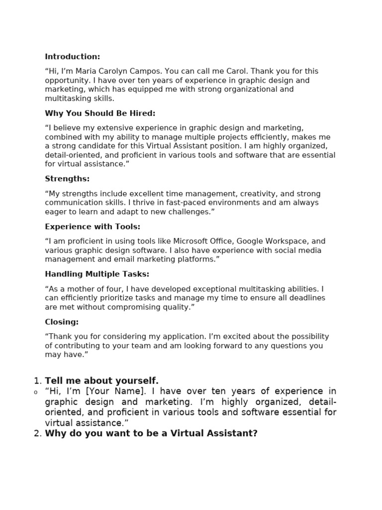 Interview Script Virtual Assistant Job | PDF