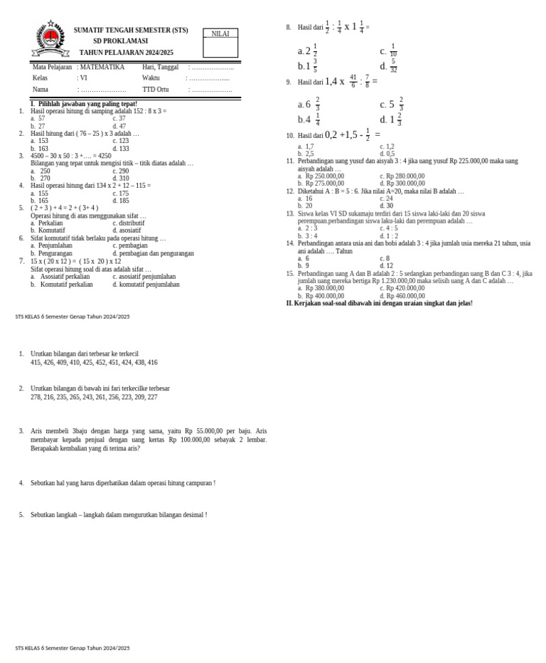 Soal STS SMSTR 1 MTK | PDF