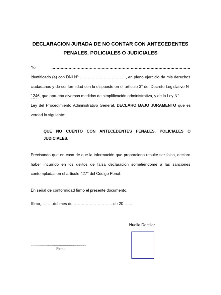 Declaracion Jurada de No Contar Con Antecedentes | PDF