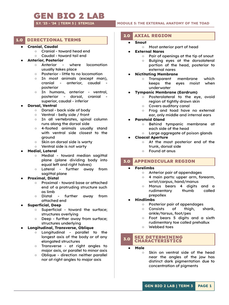 [GENBIOLAB2] Module 5_ The External Anatomy of the Toad | PDF