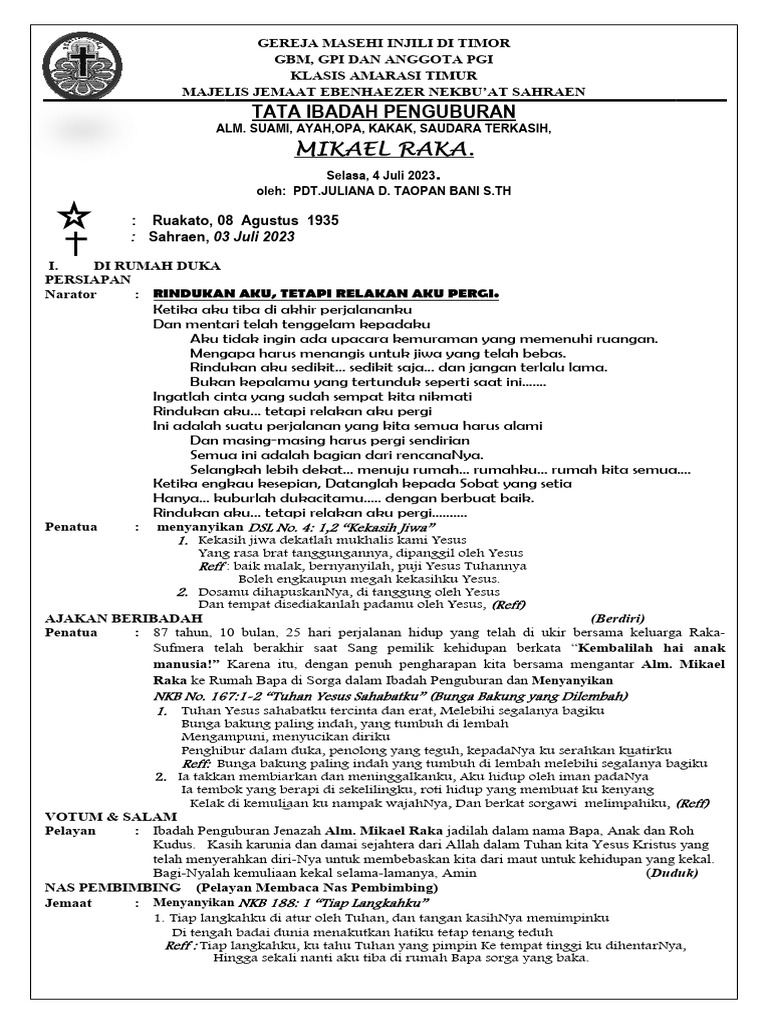 TATA IBADAH PENGUBURAN ALM. MIKAEL RAKA | PDF