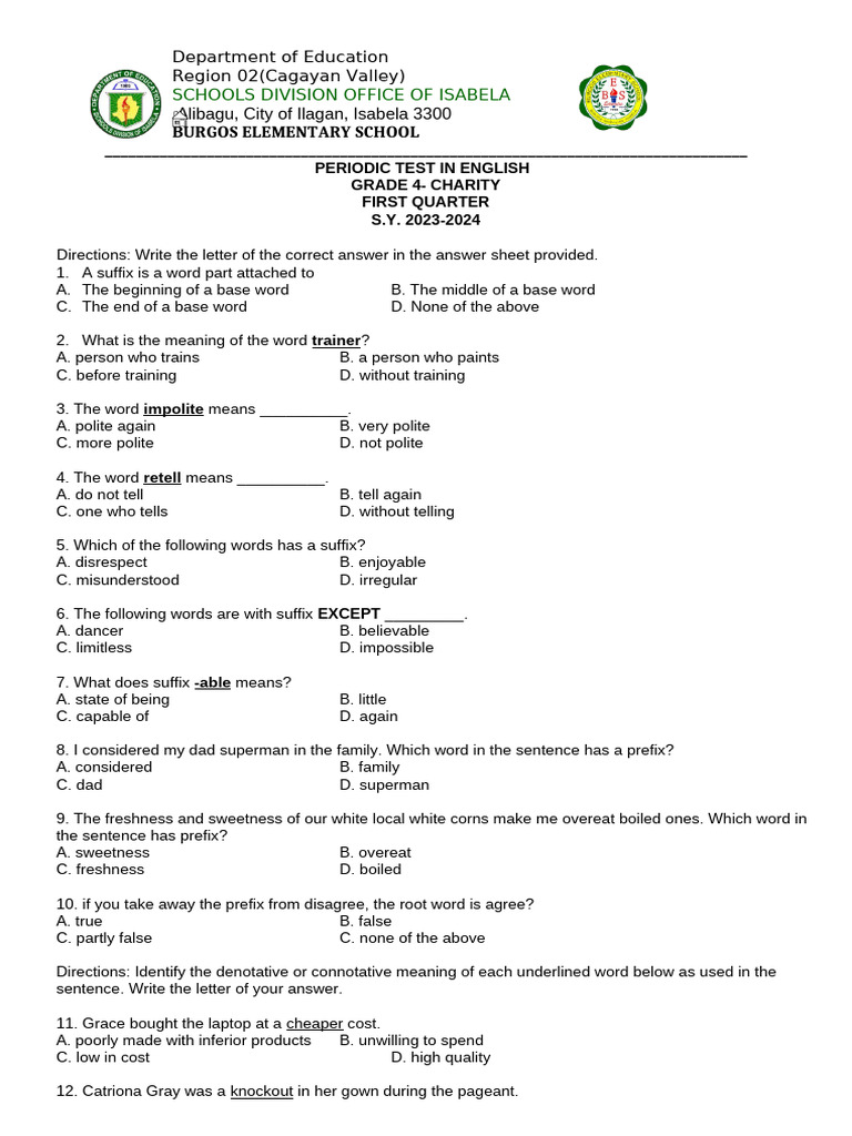First Periodic Test Grade 4 | PDF