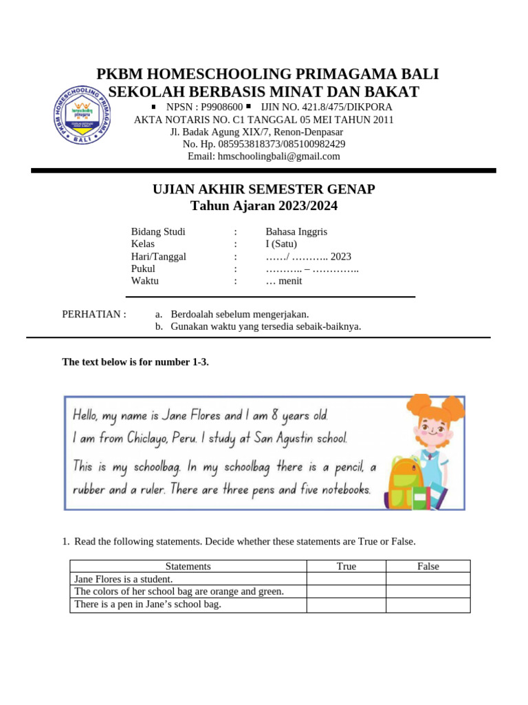 Bahasa Inggris Kelas 1 Smt 1 | PDF