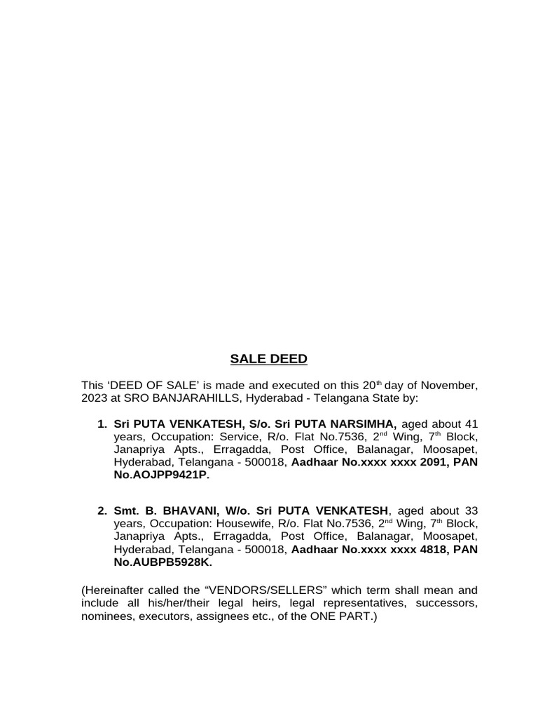 FLAT NO.7536-JANAPRIYA METROPOLIS - SALE DEED DRAFT | PDF