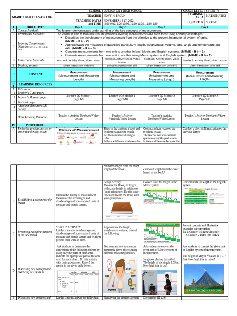 DLL Math 7 - 2nd Quarter Week 2 | PDF | Foot (Unit) | Measurement