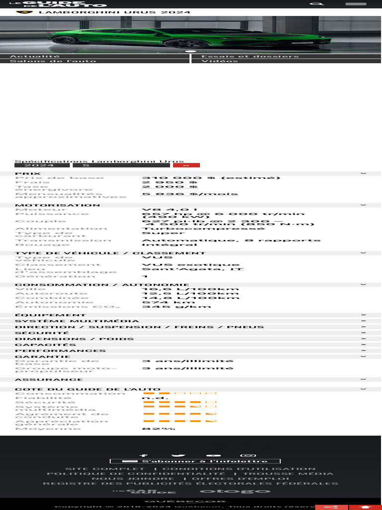 Lamborghini Urus S 2024 Prix, Specs & Fiche Tec… | PDF
