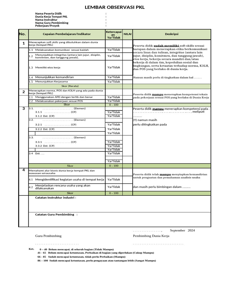 Lembar Observasi PKL | PDF
